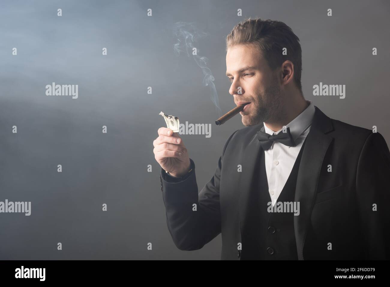 elegant businessman holding burned dollar banknote while smoking cigar ...