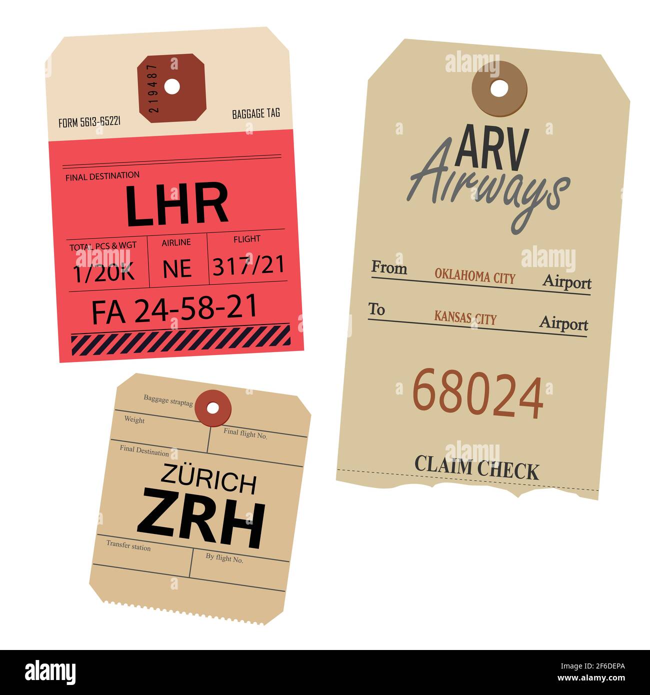 Vintage Luggage Tags. Zurich ZRH. LHR. Oklahoma and Kansas city Stock ...