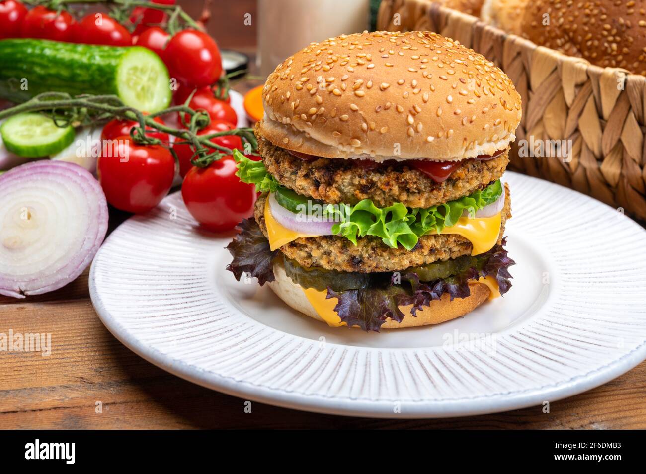 Tasty vegetarian cheeseburgers with round patties or burgers made from ...