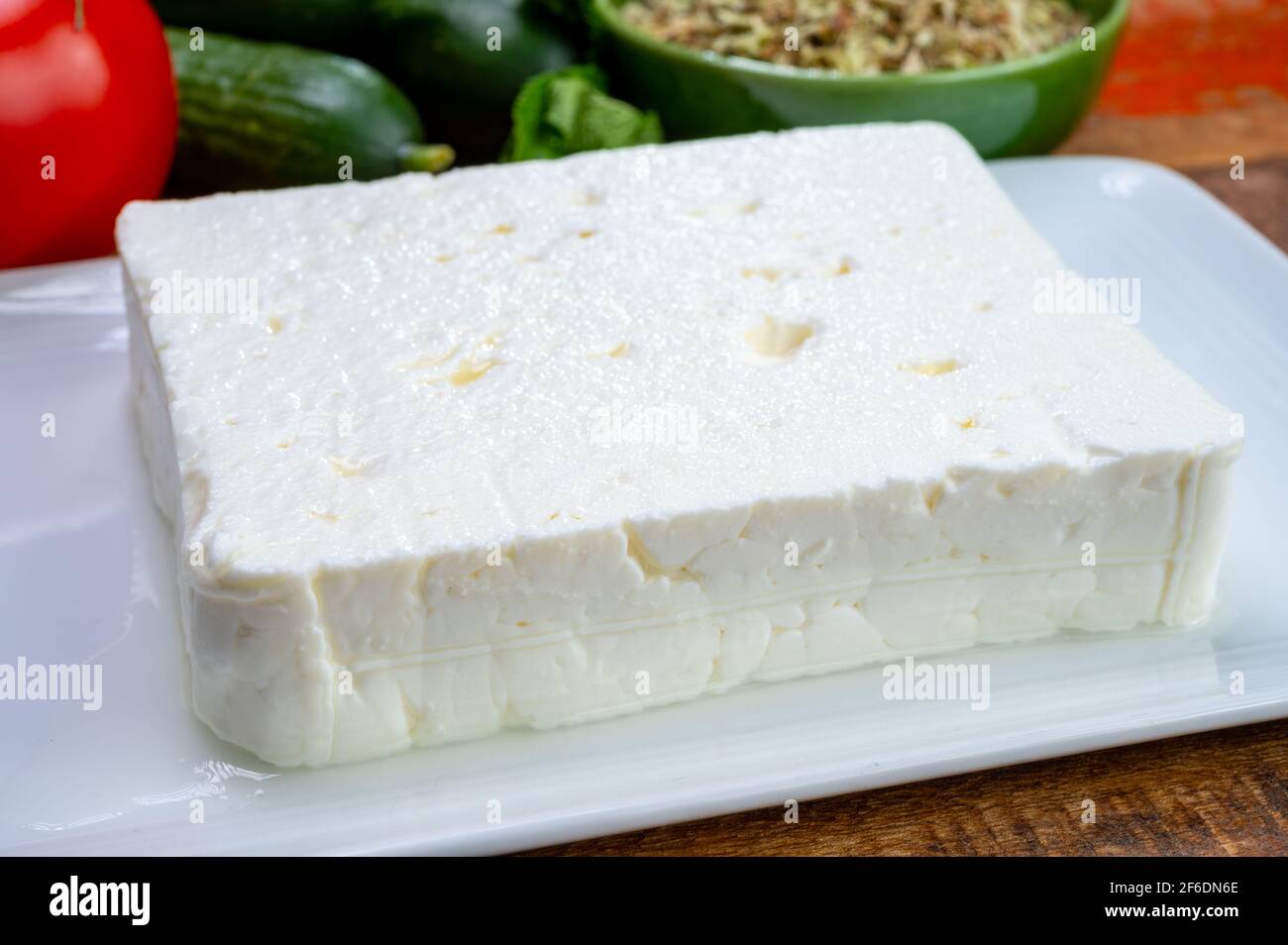 Cheese collection, white Greek salty feta cheese ready to eat close up ...