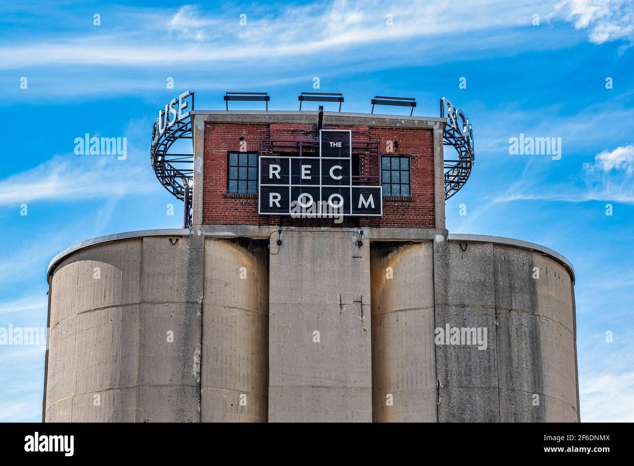 The Rec Room sign on top of old water tanks in the Roundhouse park ...