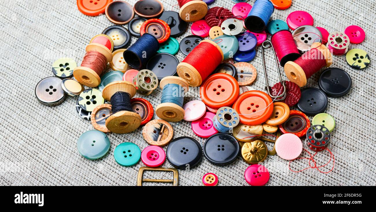 Set of buttons,threads and other sewing accessories Stock Photo - Alamy