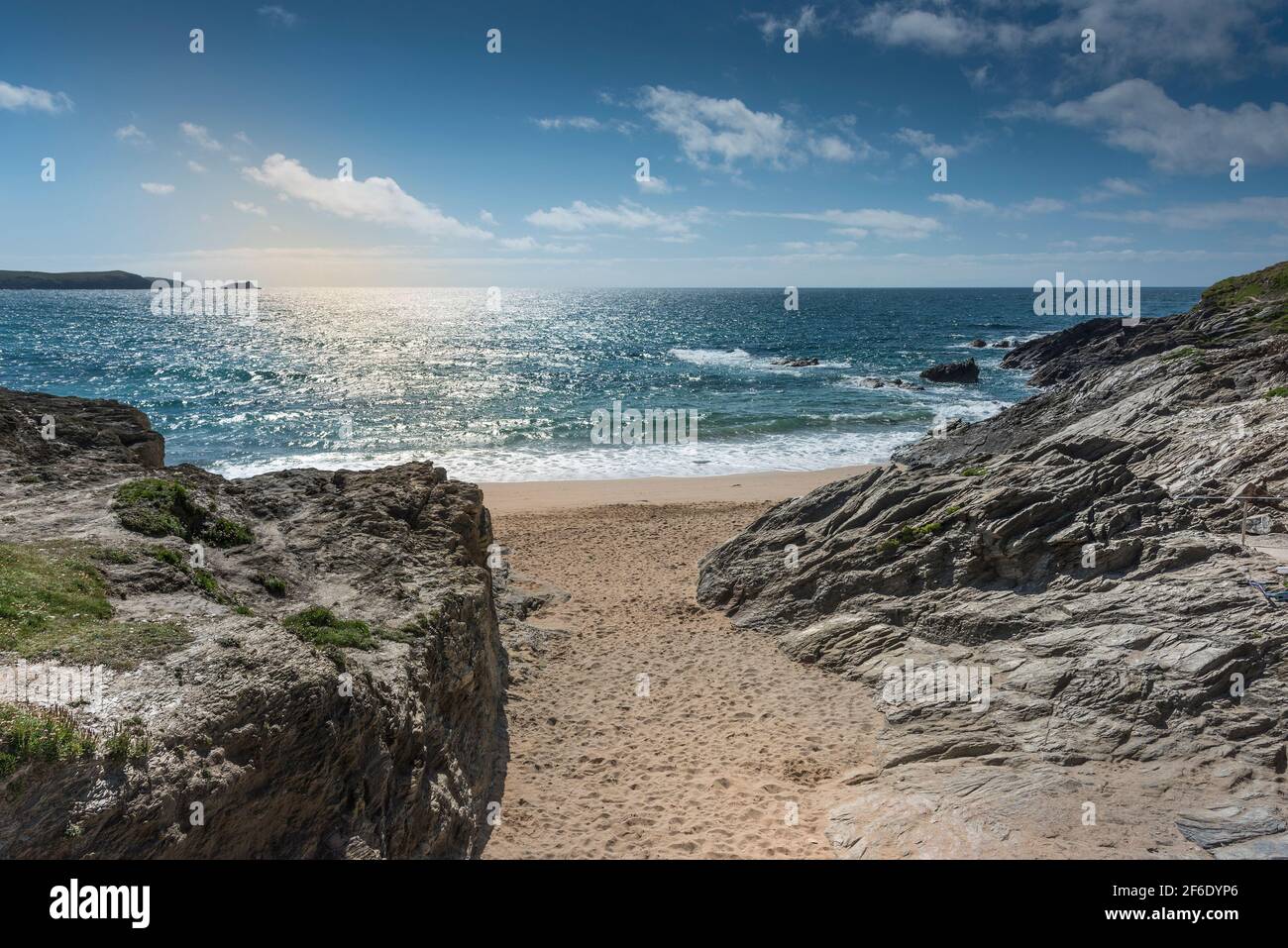Incoming tide at the secluded Little Fistral in Newquay in Cornwall ...