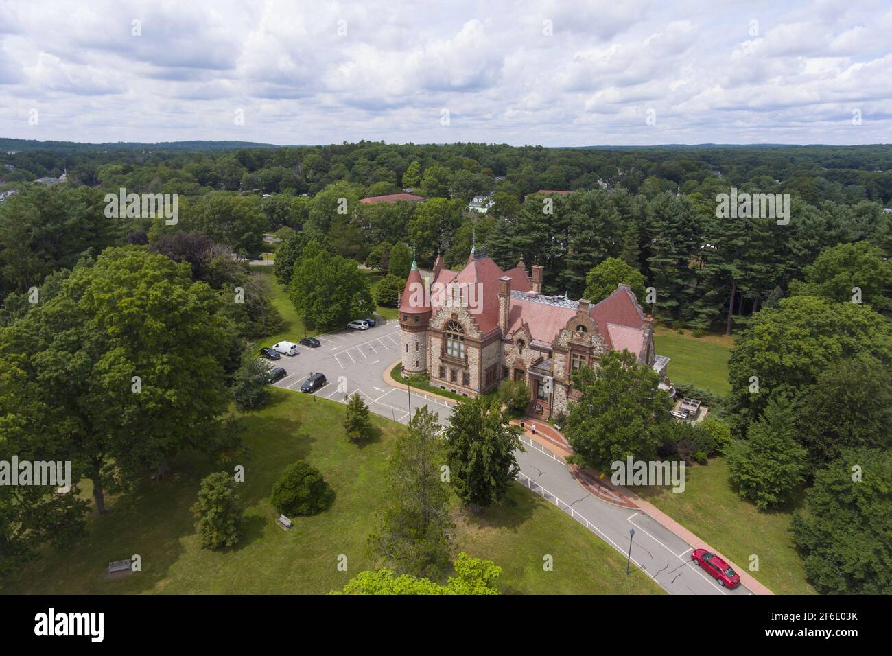 Aerial view of Wellesley Town Hall in town center of Wellesley ...
