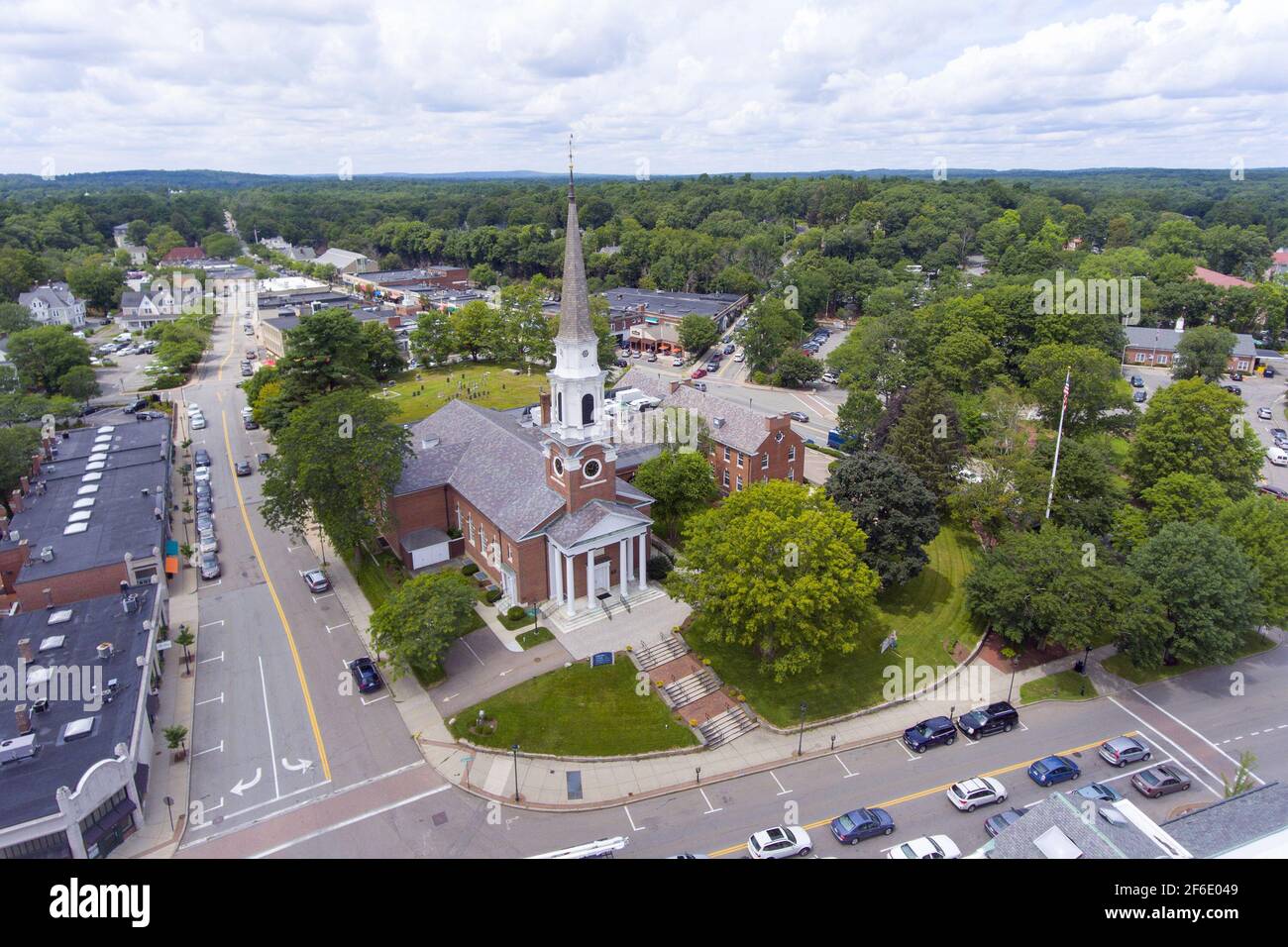 Aerial view of Wellesley Congregational Church and town center ...