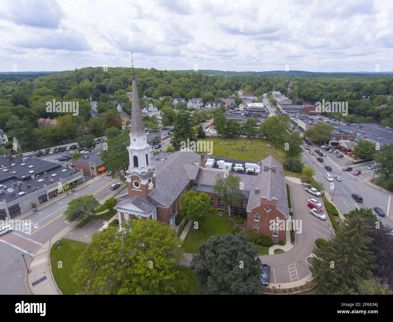 Aerial view of Wellesley Congregational Church and town center ...