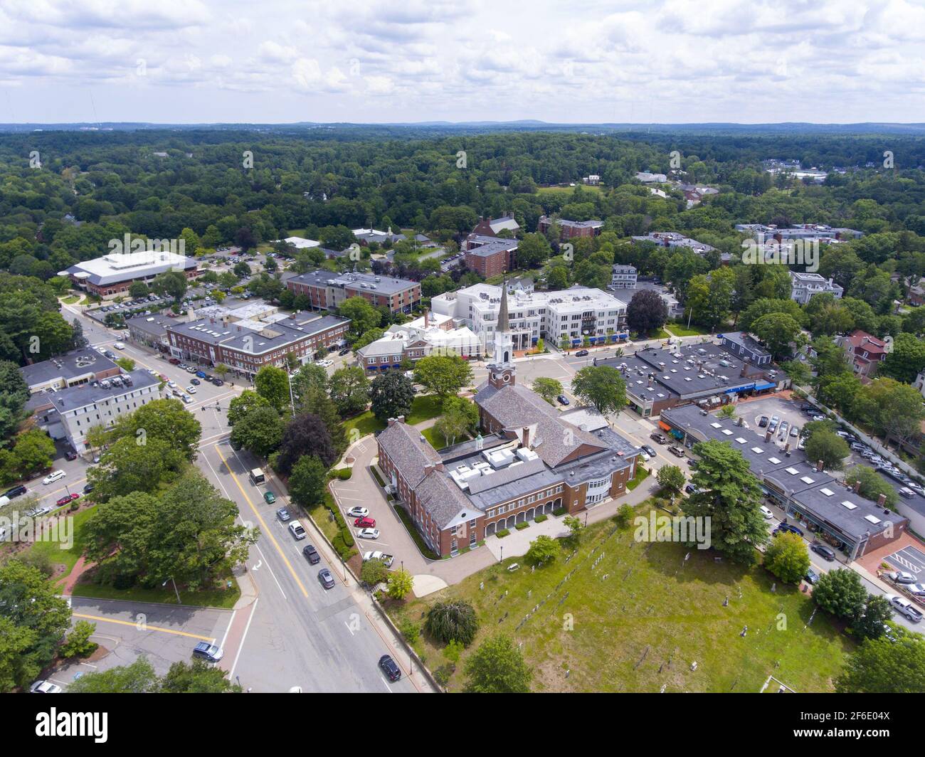 Aerial view of Wellesley Congregational Church and town center ...