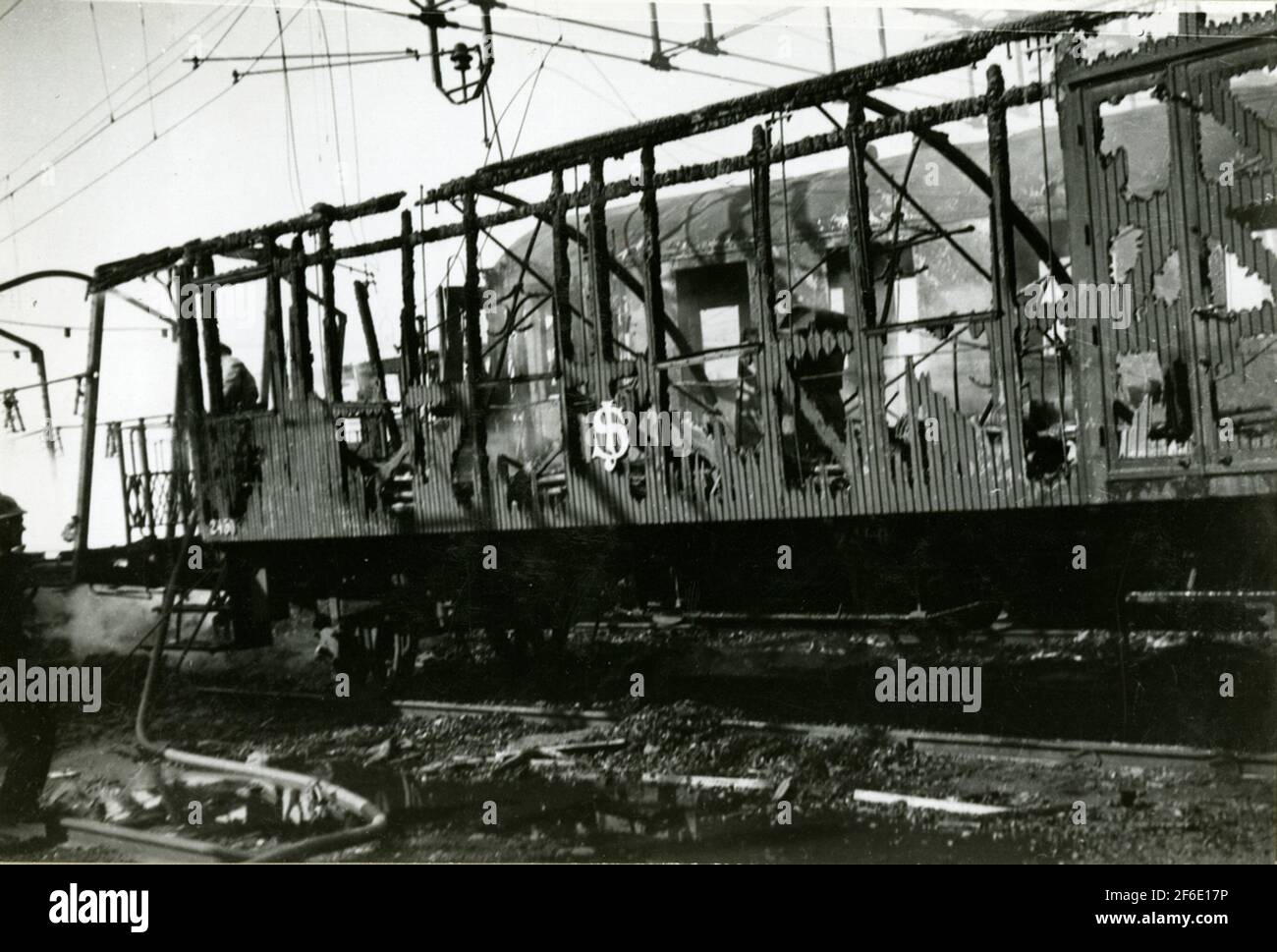 Demolished passenger car after the explosion of a German ammunition ...