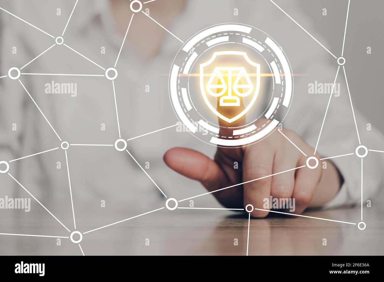 Abstract display concept with law and justice icon activated by person ...