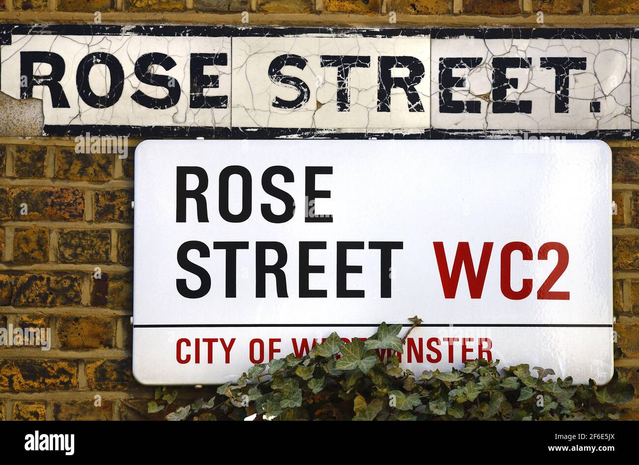 London, England, UK. Street signs: Rose Street, WC2, City of ...
