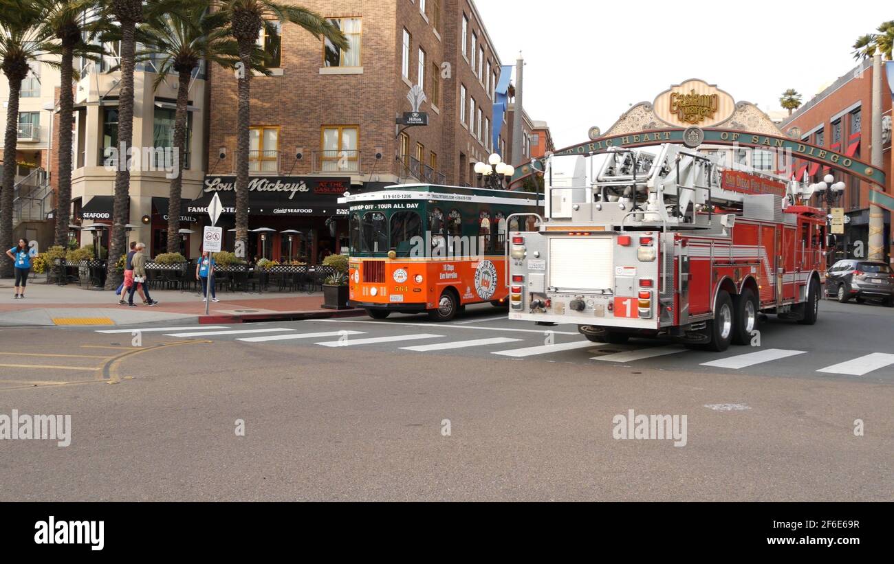 San Diego, California USA -31 Jan 2020: Red fire engine on street of ...