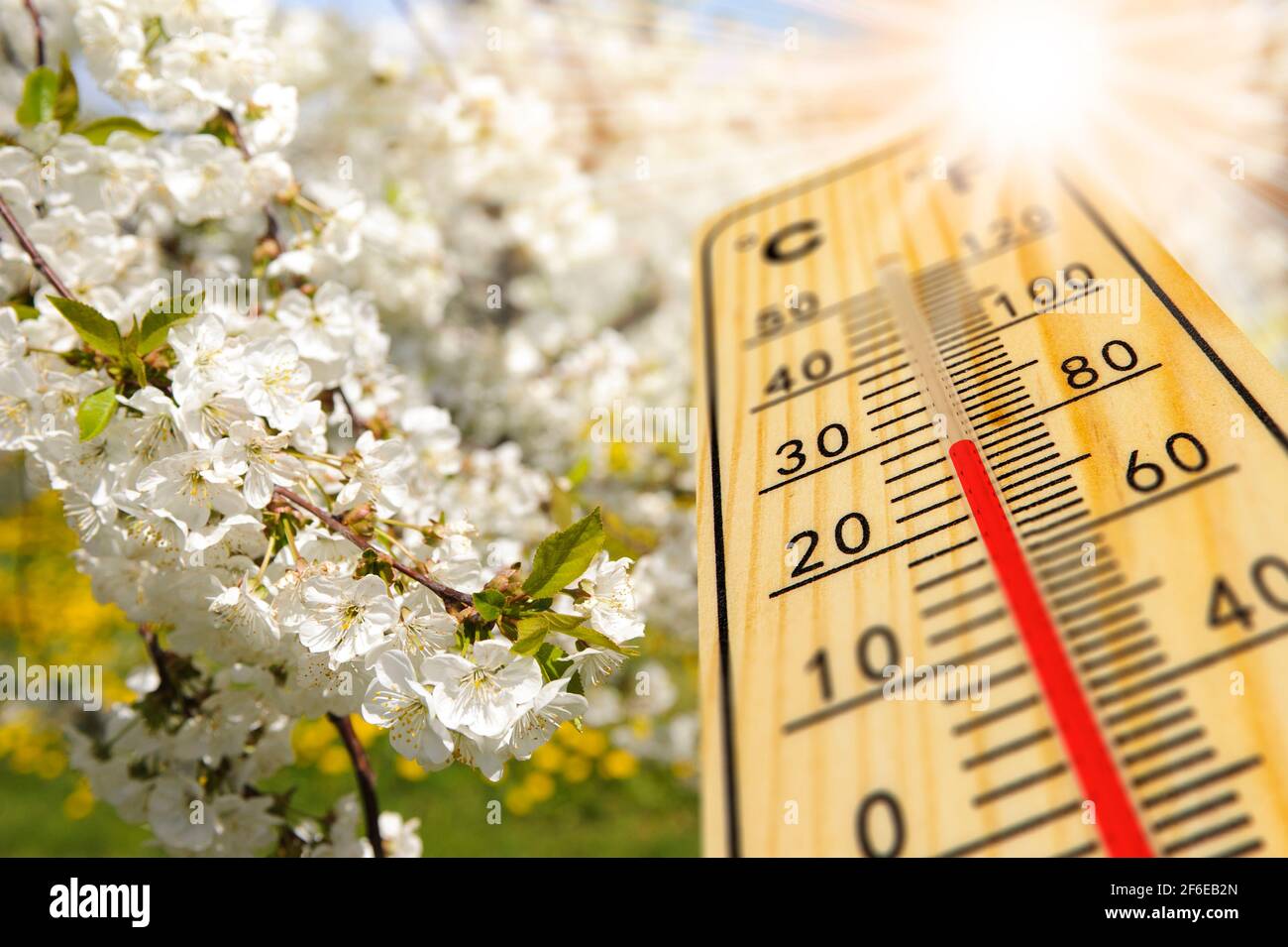 warm temperature on thermometer at springtime Stock Photo - Alamy