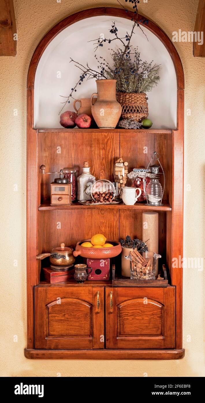 Shelf for kitchen utensils in ancient russian kitchen Stock Photo - Alamy