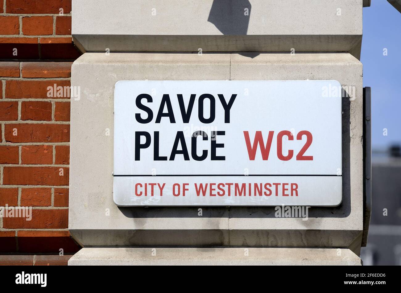 London, England, UK. Street sign: Savoy Place, WC2, City of Westminster ...