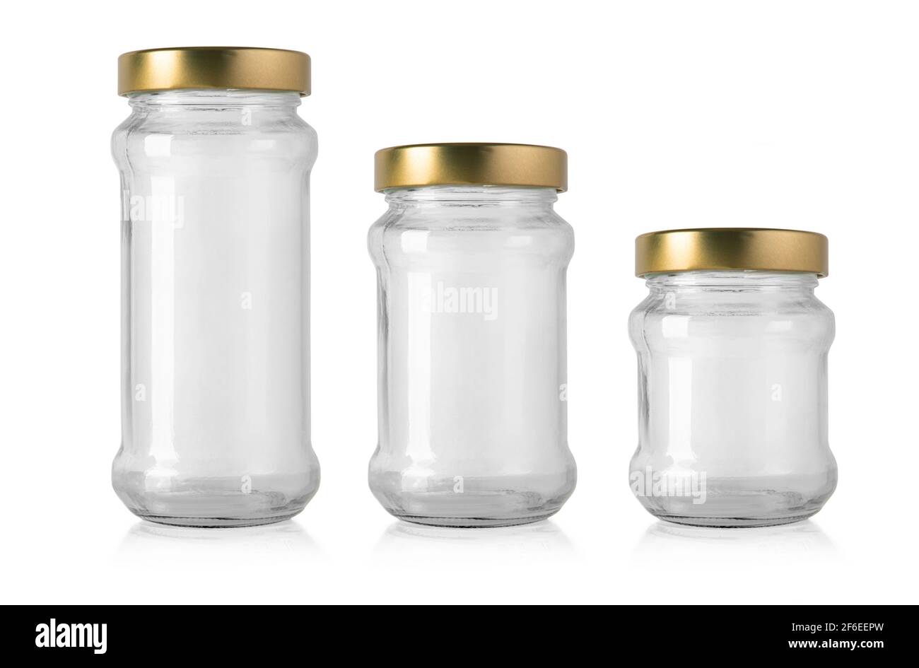 Three empty glass jars for food and canned food. Isolated on white ...