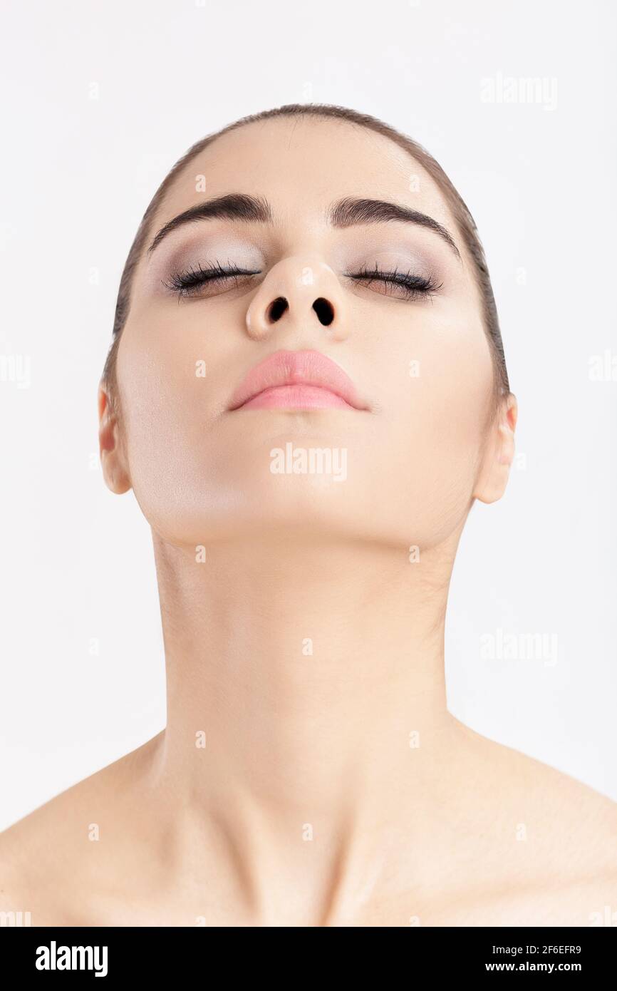 portrait of young woman with clean skin. the concept of lifting neck ...