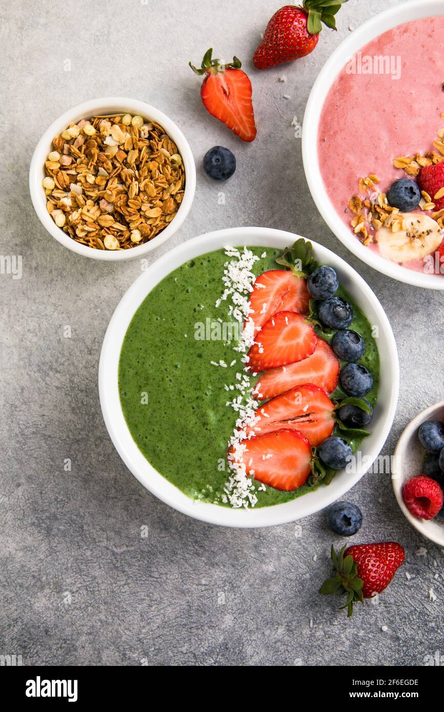 Matcha green tea breakfast superfoods smoothies bowl topped with ...