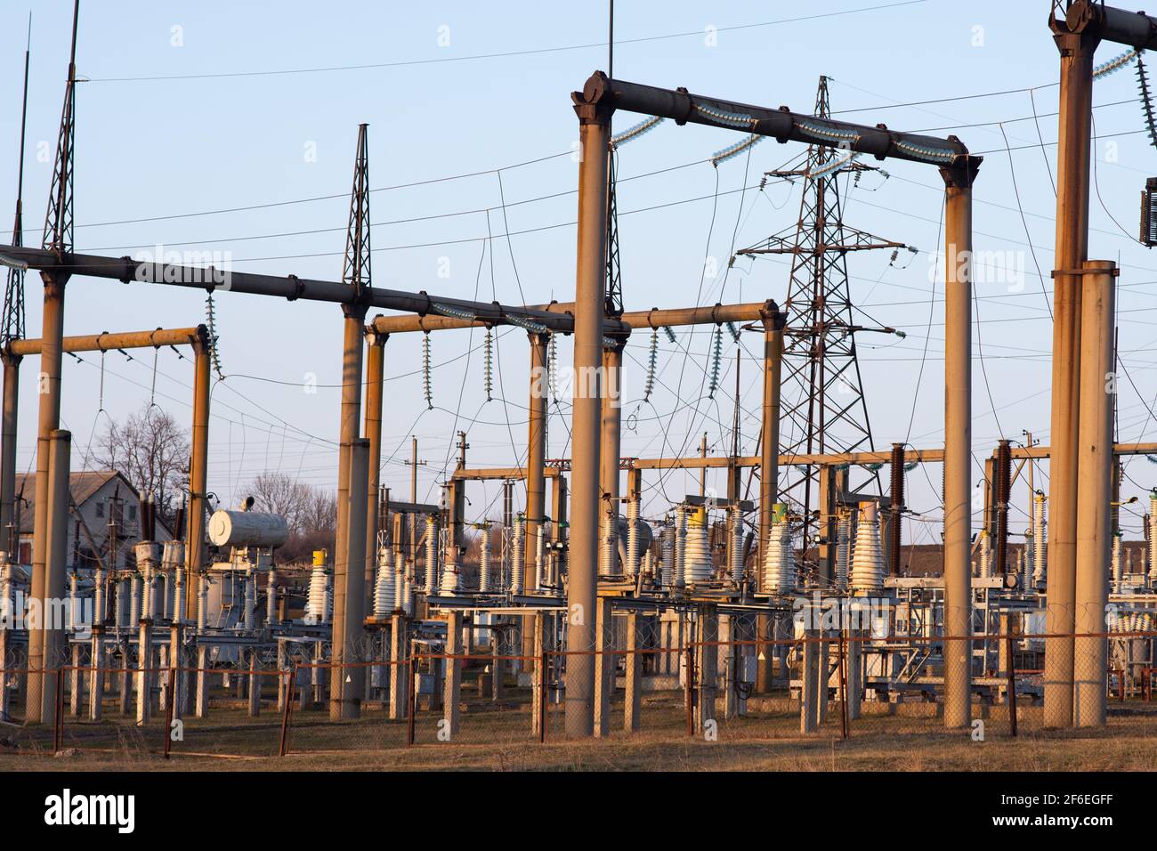Wire line transmission electron. Power transmission substation Stock ...