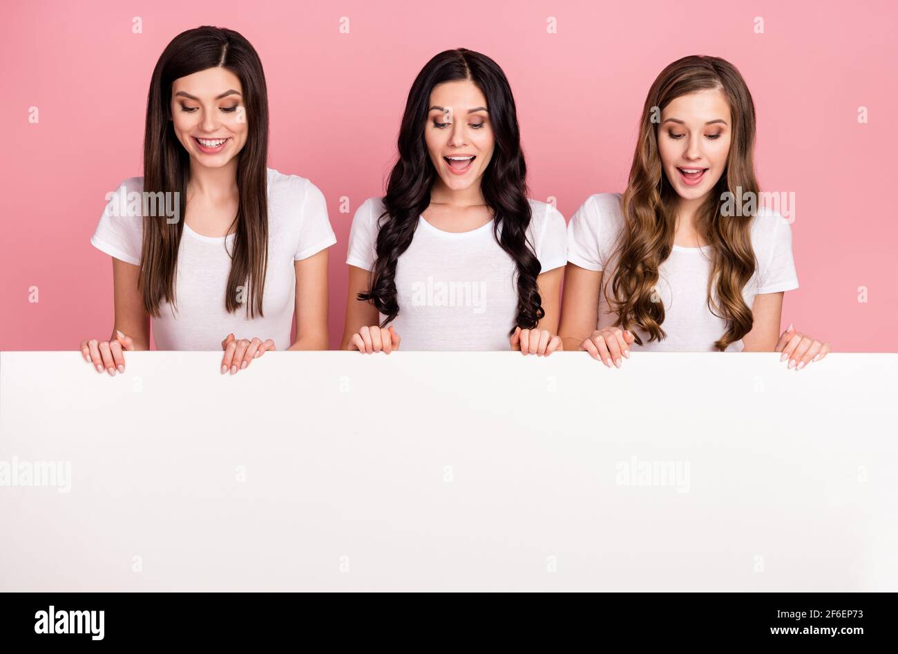 Photo of three young girls happy positive smile look poster banner ...