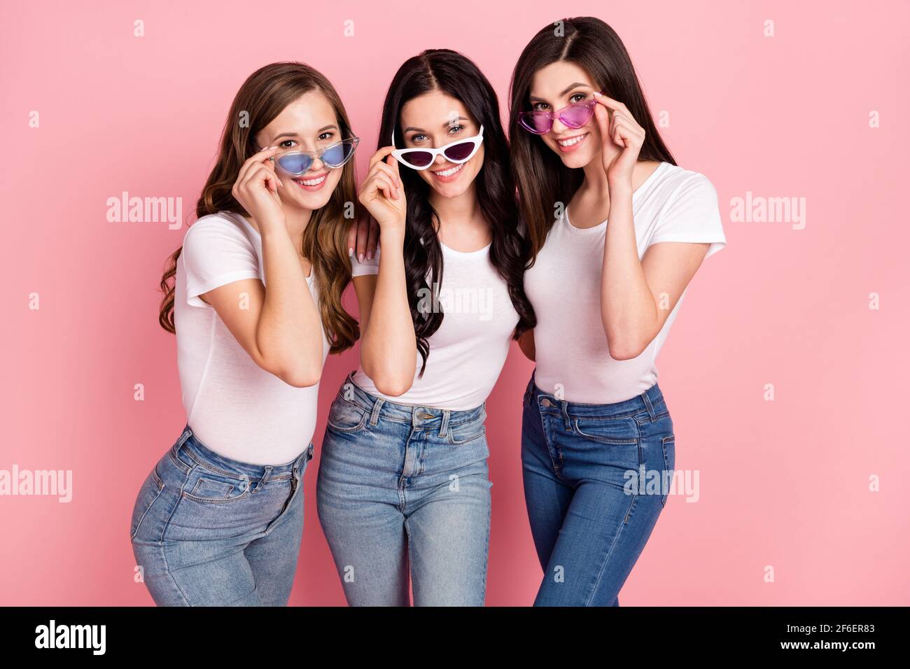 Photo Of Three Attractive Young Girls Happy Positive Smile Hands Touch