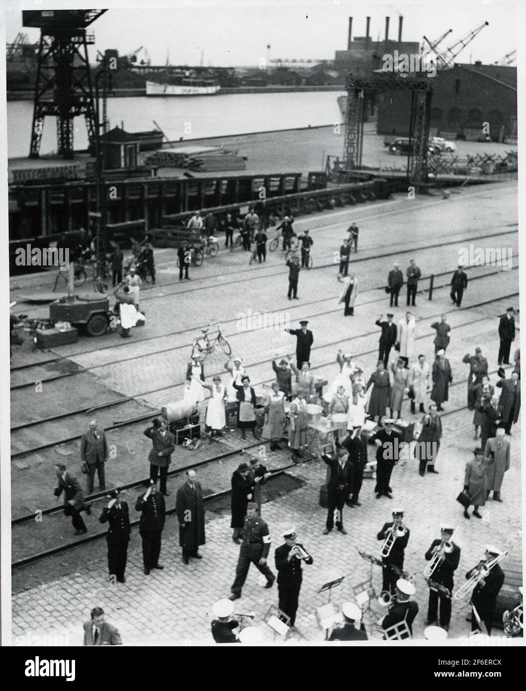 Danish refugees are waved by the return journey on the train ferry ...