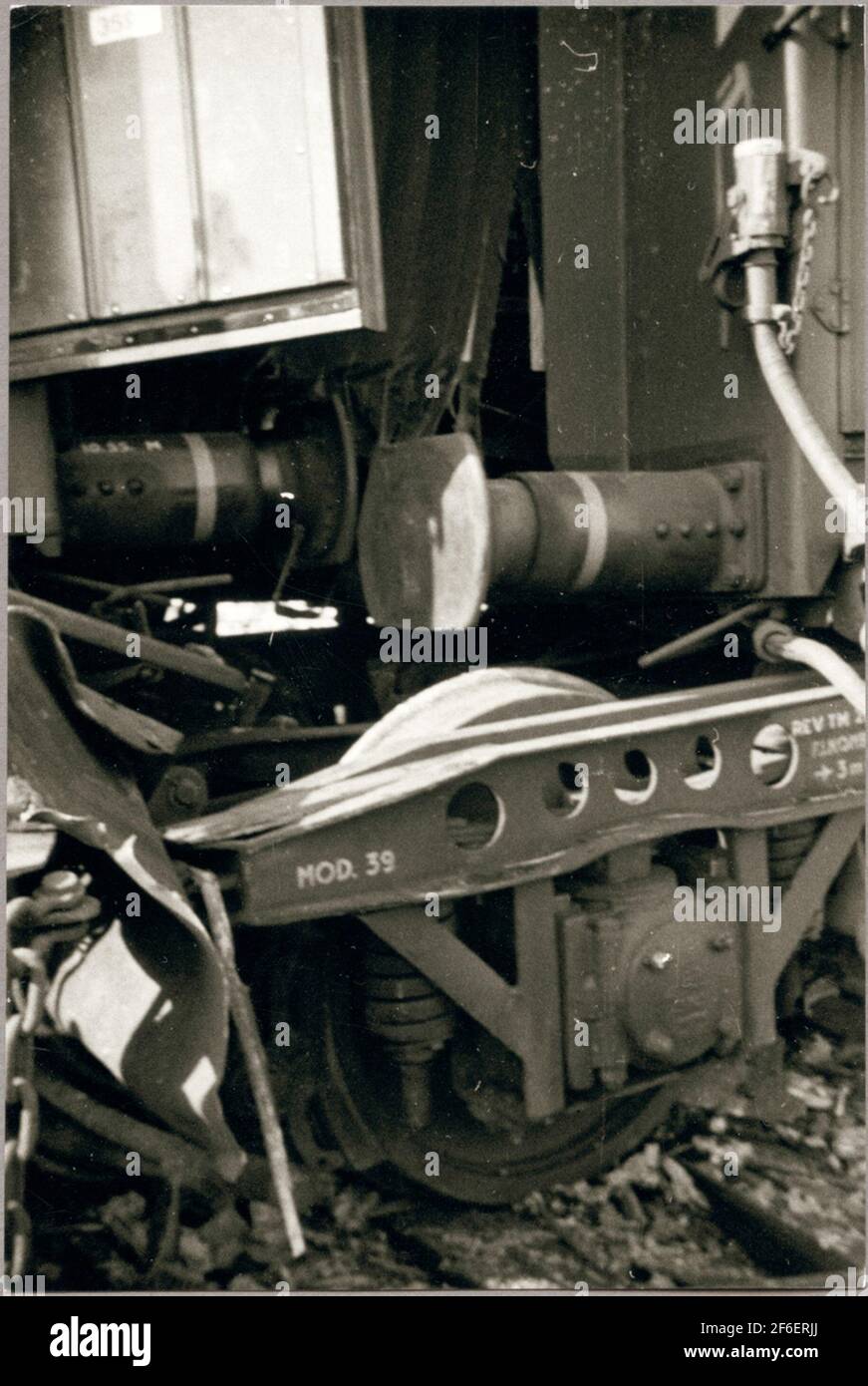 Close up of shock absorbers and bogie from cart damaged by train ...