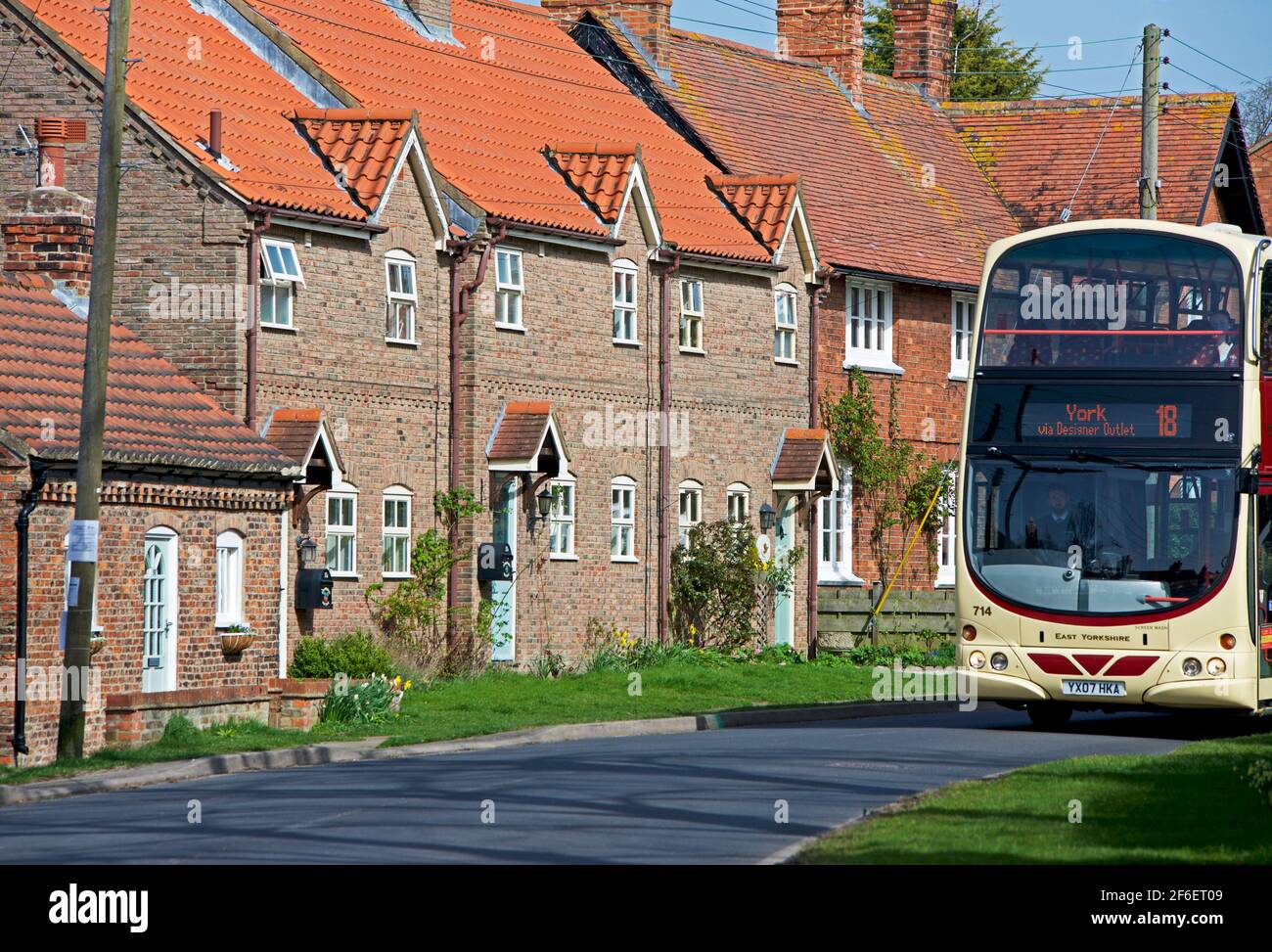 Double decker bus in the village of Wheldrake, North Yorkshire, England ...