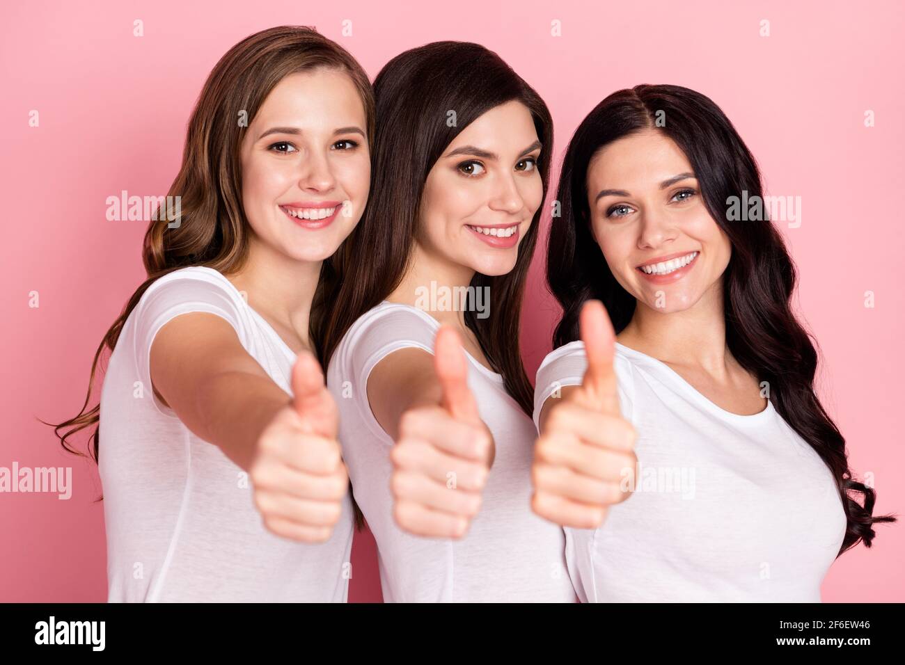 Photo of three young girls happy positive smile show thumb-up like cool ...