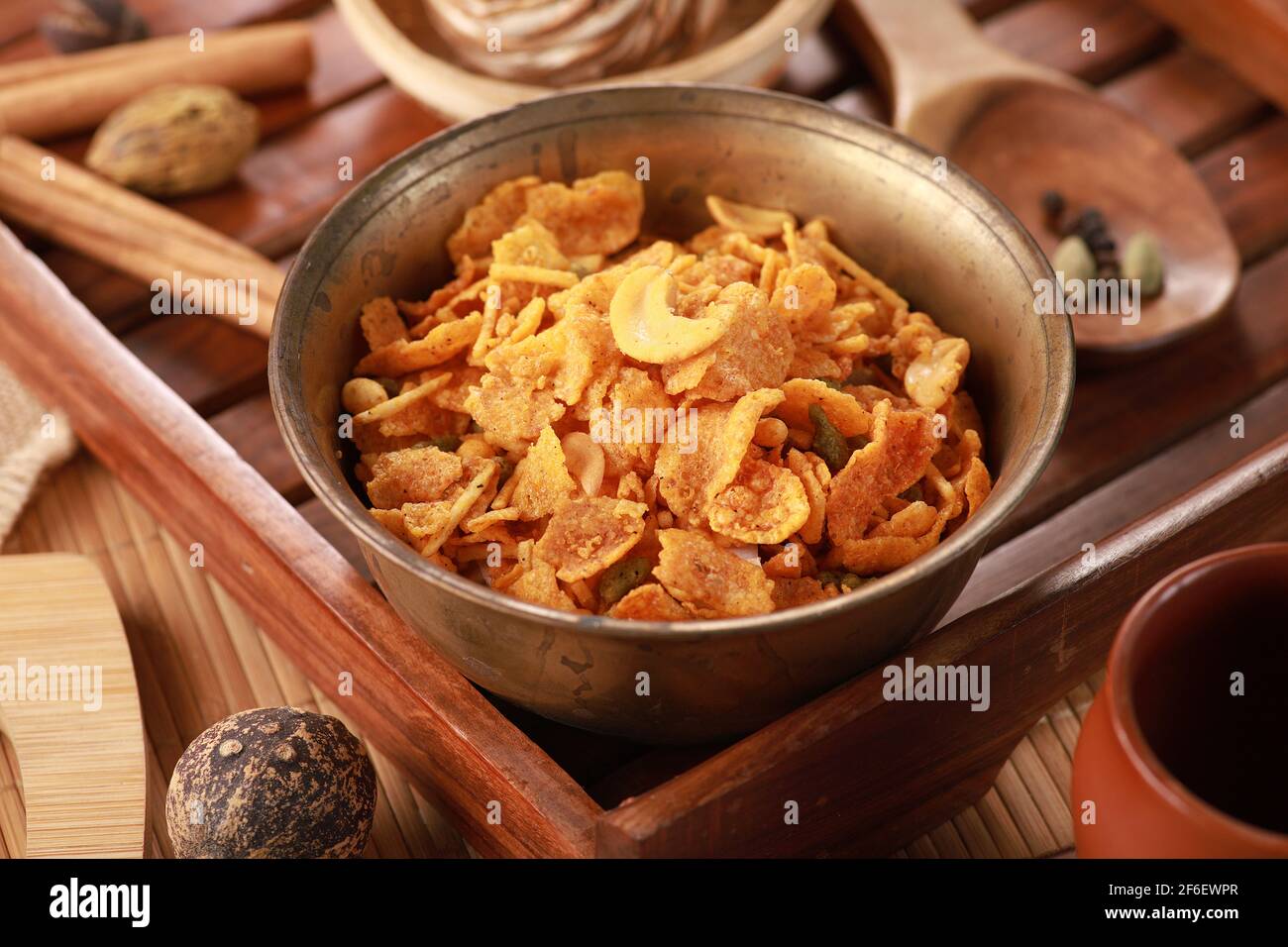 Indian Snacks Cornflakes Namkeen Food in an Antique Brass Bowl Stock ...