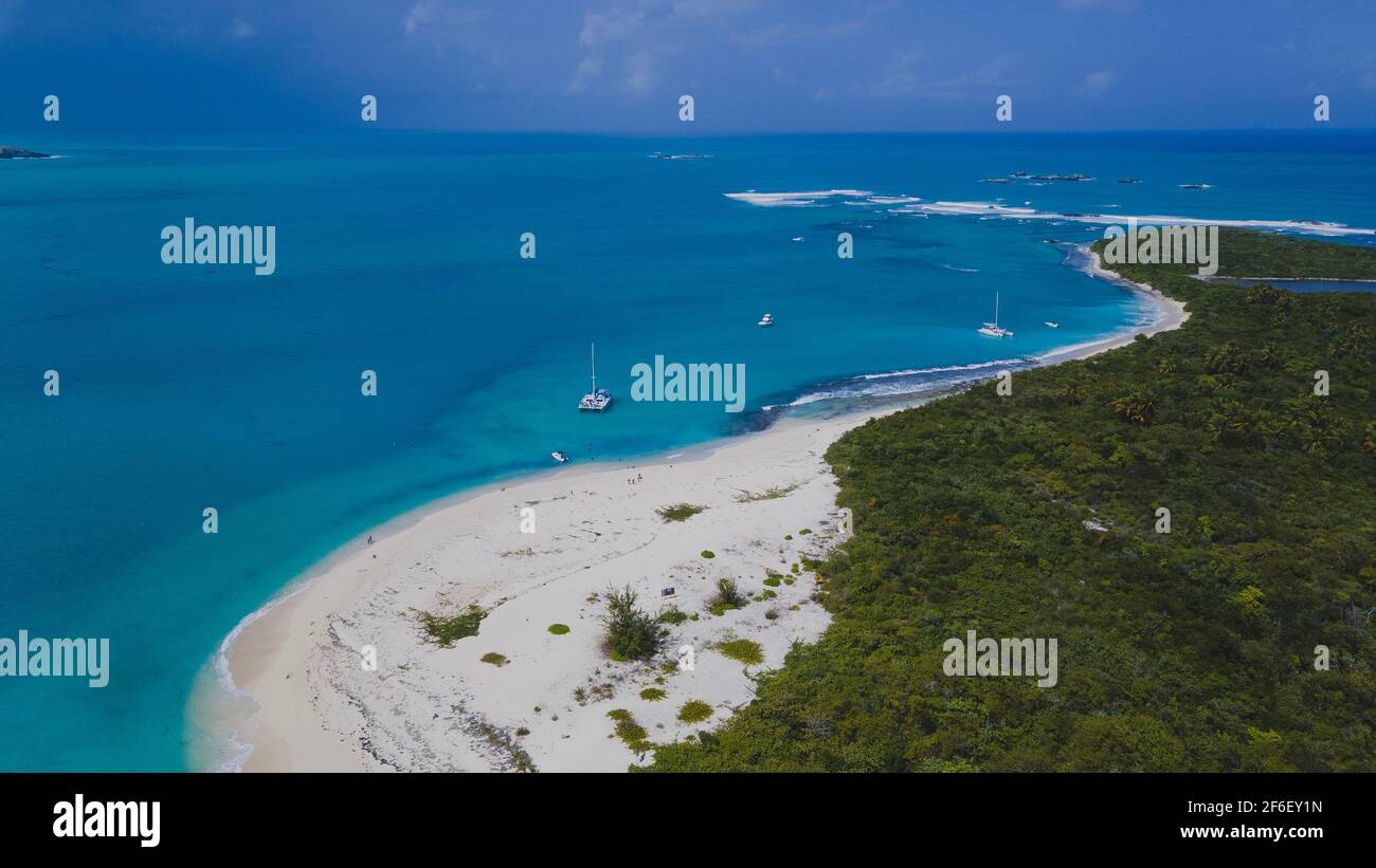 Aerial drone view of a beach in isolated Cayo Icacos Puerto Rico island ...