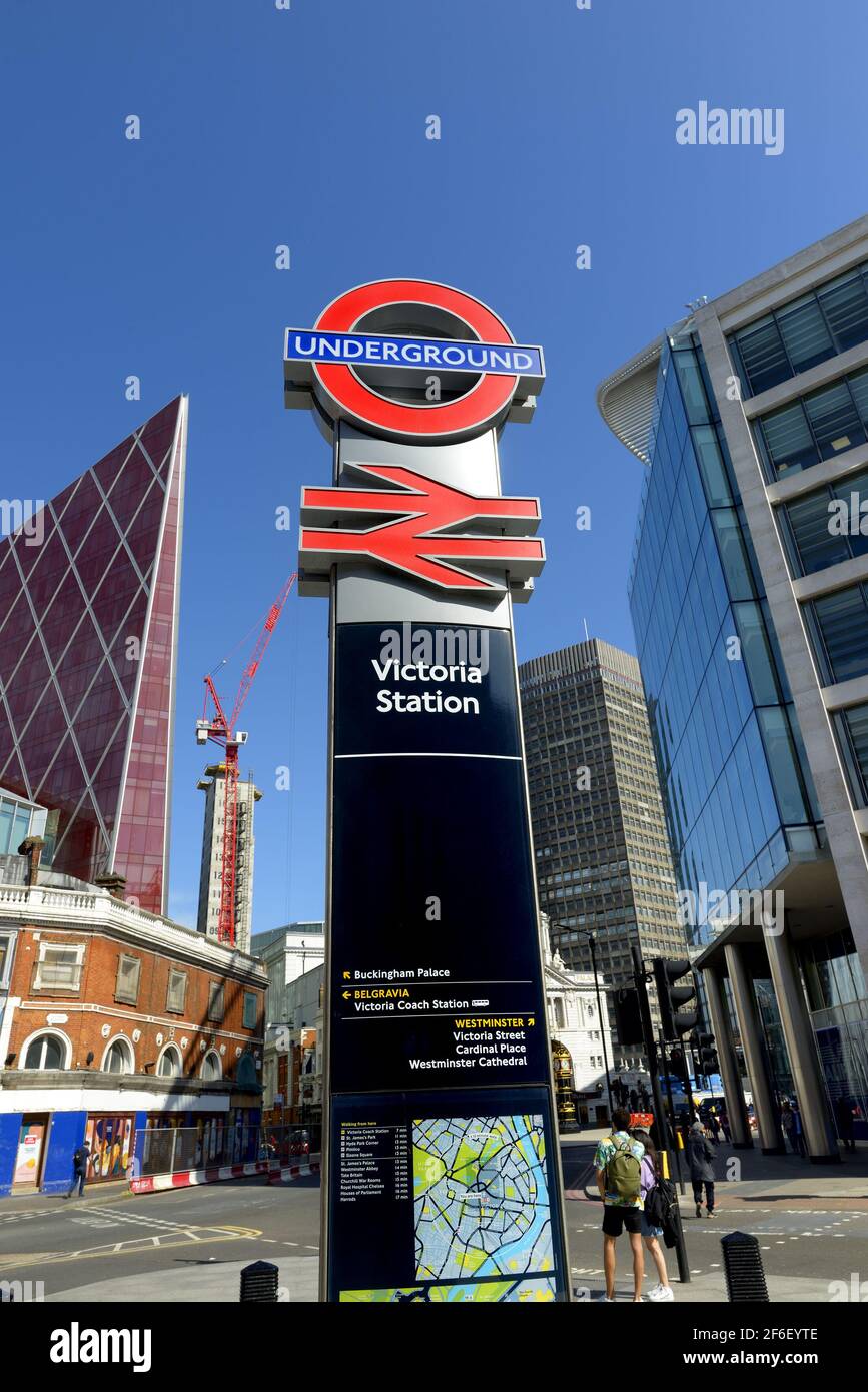 London, England, UK. Victoria Station rail and Underground sign in ...