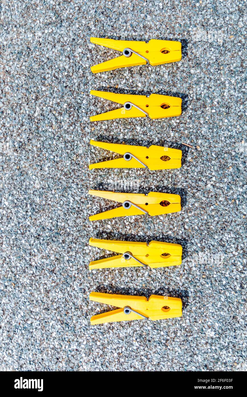 A few yellow clothes clips in a raw on grey background Stock Photo - Alamy