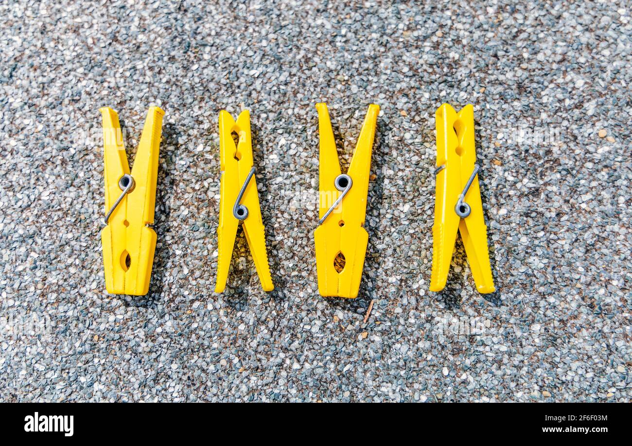 A few yellow clothes clips in a raw on grey background Stock Photo - Alamy