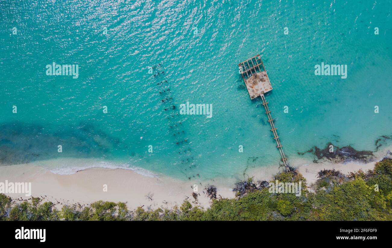 Aerial drone view of a beach in isolated Cayo Icacos Puerto Rico island ...