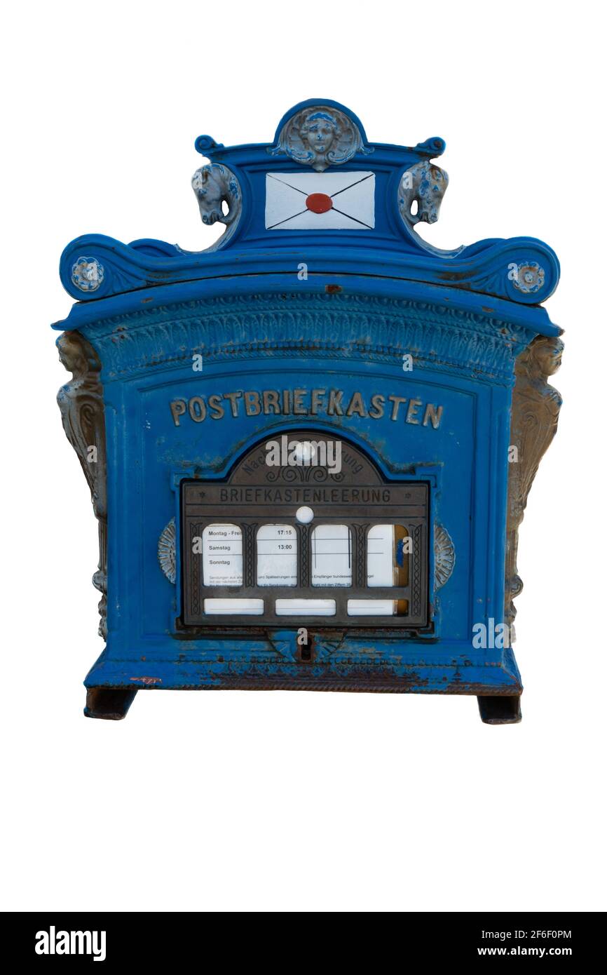 old, blue, historical metal mailbox isolated Stock Photo - Alamy