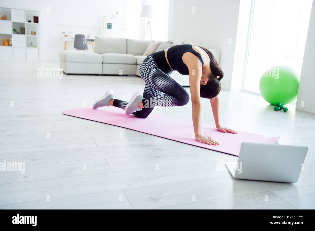 Full body profile side photo of young attractive woman make exercises ...