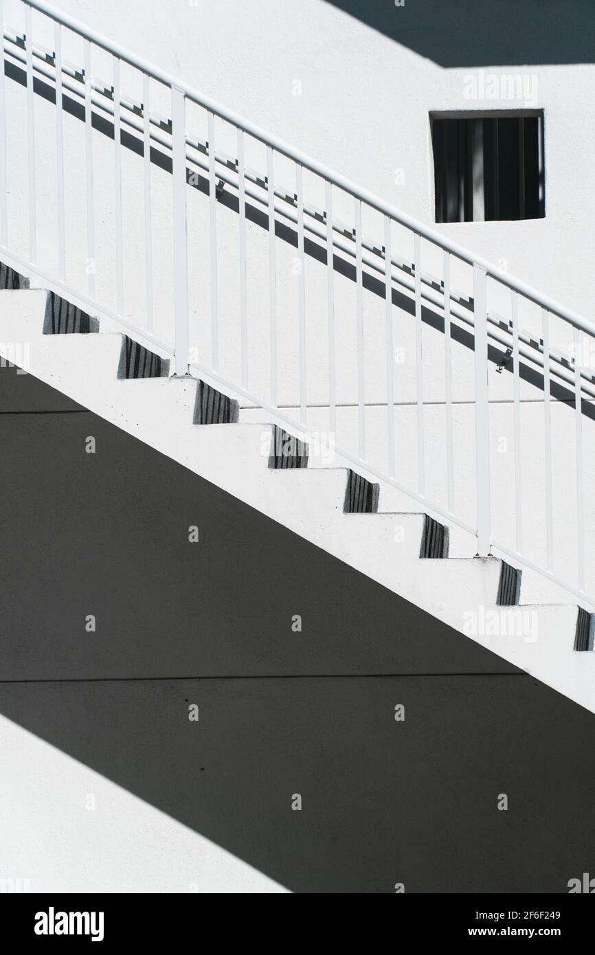 Monochromatic view of building with geometric shapes including stairs ...