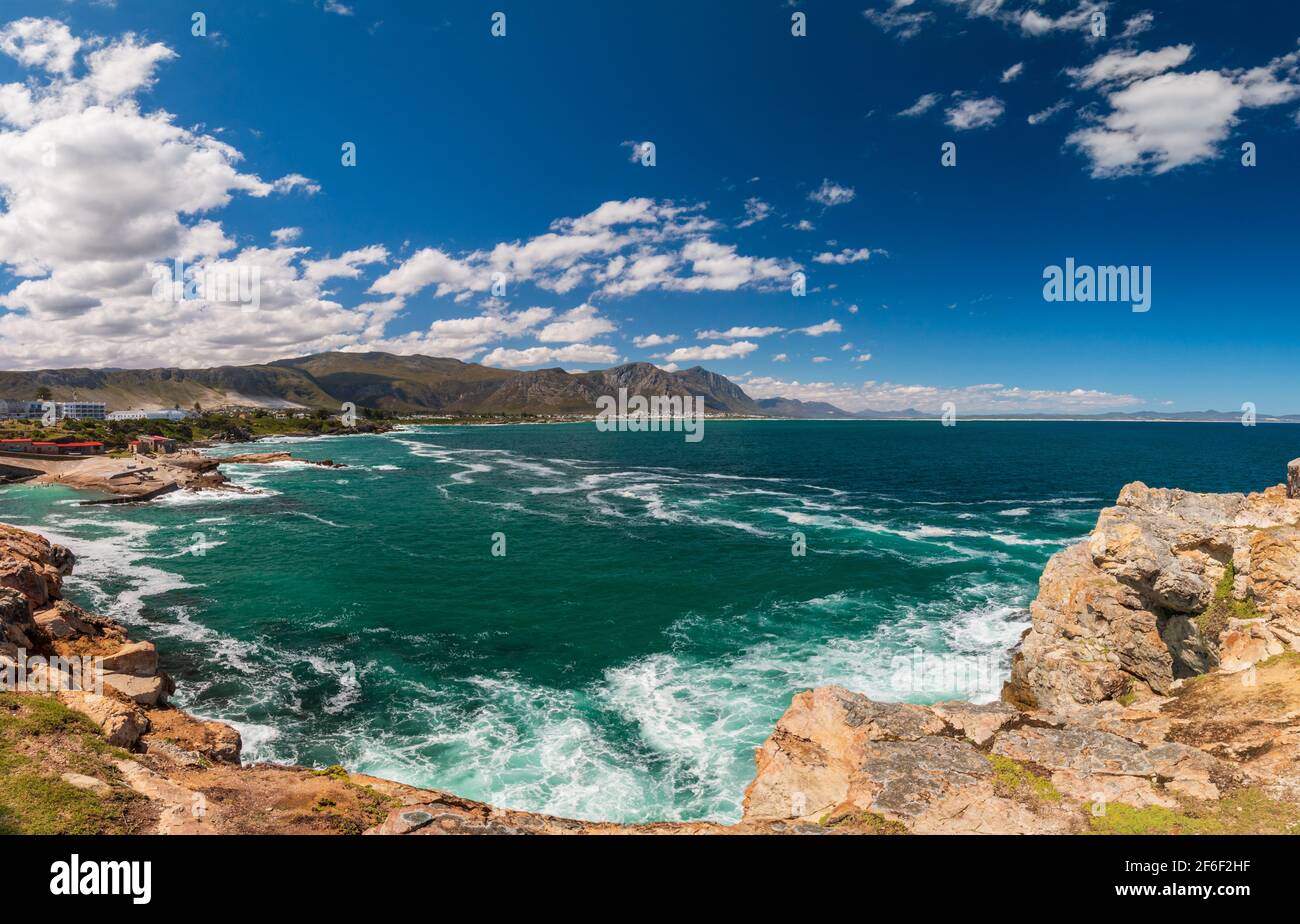 Scenic view of Hermanus and Walker Bay from cliff path near Cape Town ...
