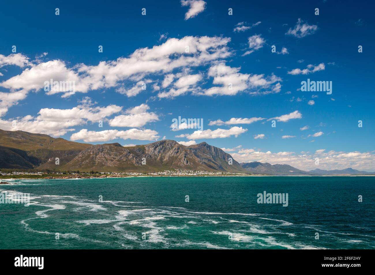 Scenic view of Hermanus and Walker Bay from cliff path near Cape Town ...