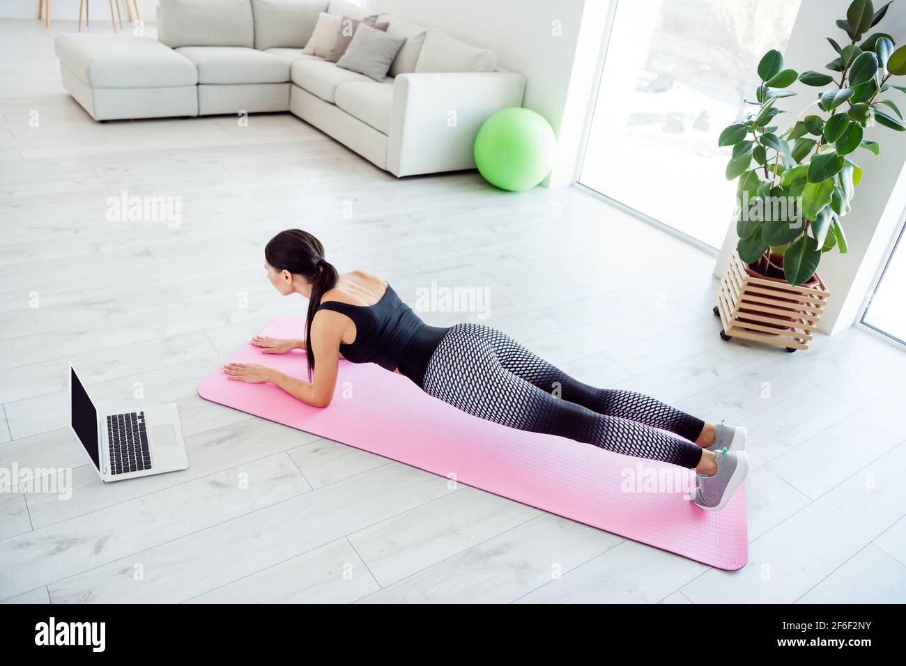 High angle view full body profile photo of slim lady doing plank pose ...
