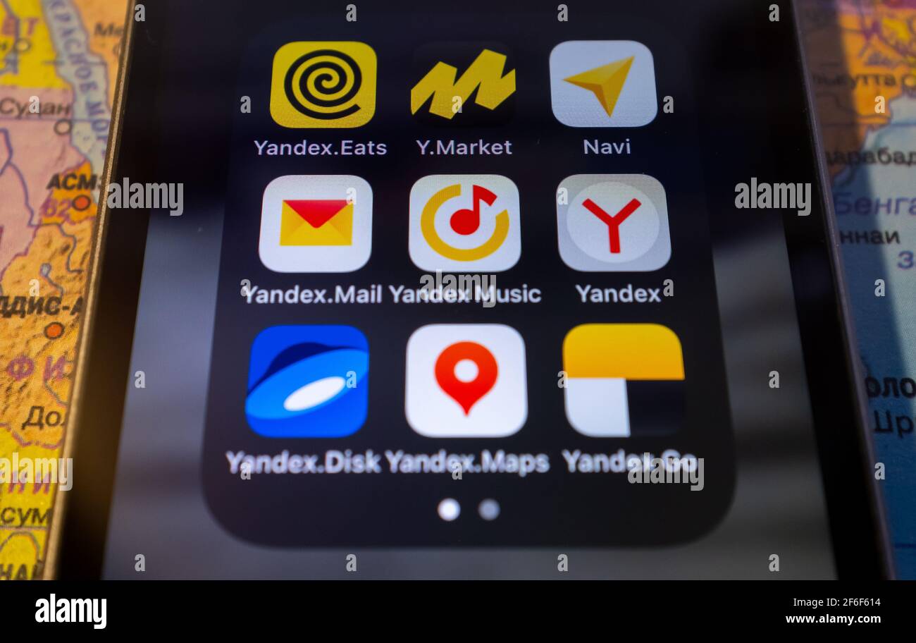 March 31, 2021. Moscow, Russia. Yandex application icons on a mobile ...