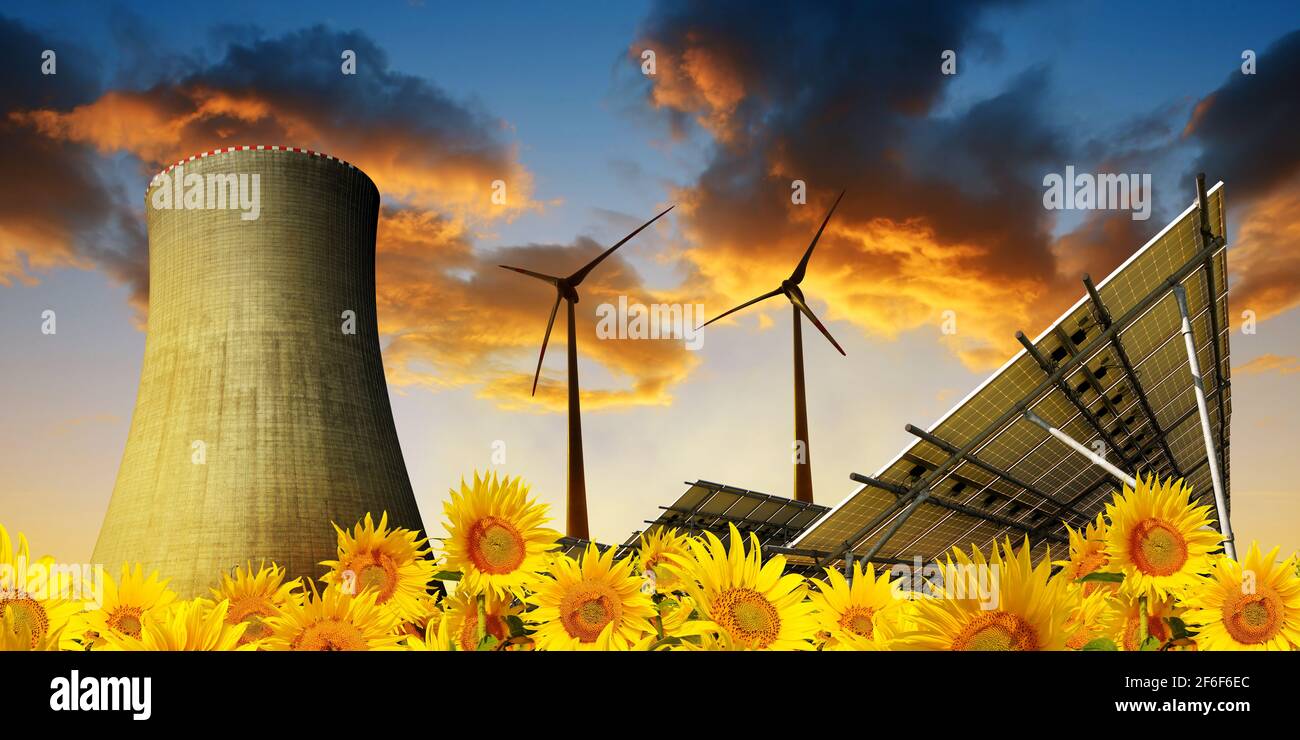 Solar energy panels with wind turbines and cooling tower of nuclear ...