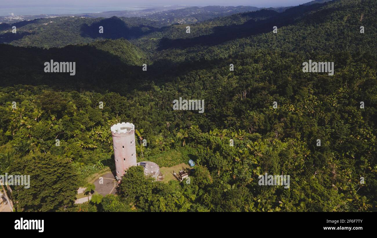 aerial view of Yokahu Tower in El Yunque forest Puerto Rico . High ...