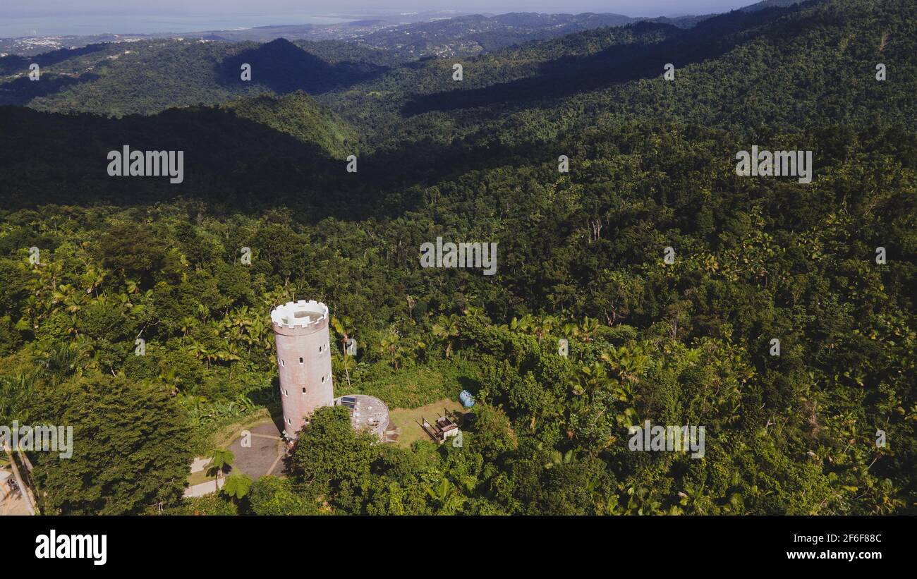 aerial view of Yokahu Tower in El Yunque forest Puerto Rico . High ...