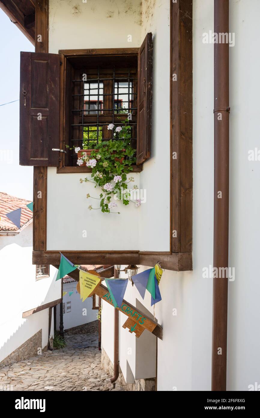 Window with window box in a street scene in Plovdiv Old Town, Bulgaria ...