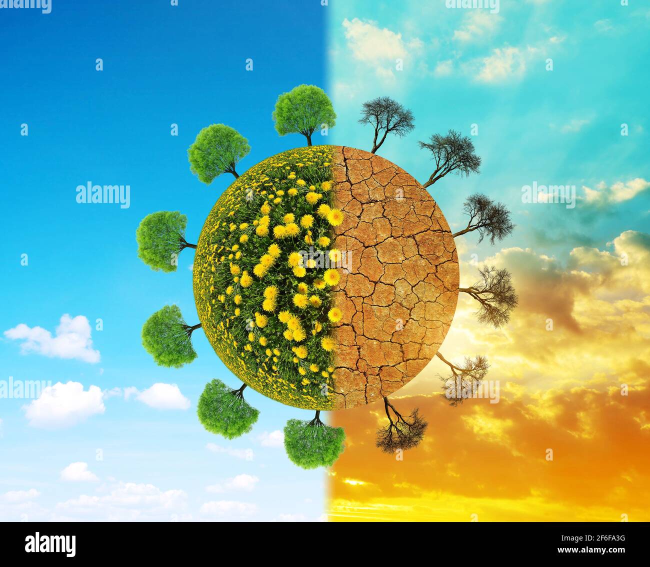 Lush and dry planet with trees. Concept of change climate or global ...
