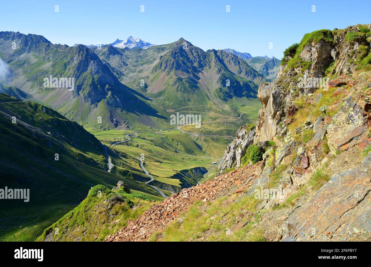 View of the mountain road. Col du Tourmalet in Pyrenees mountains ...