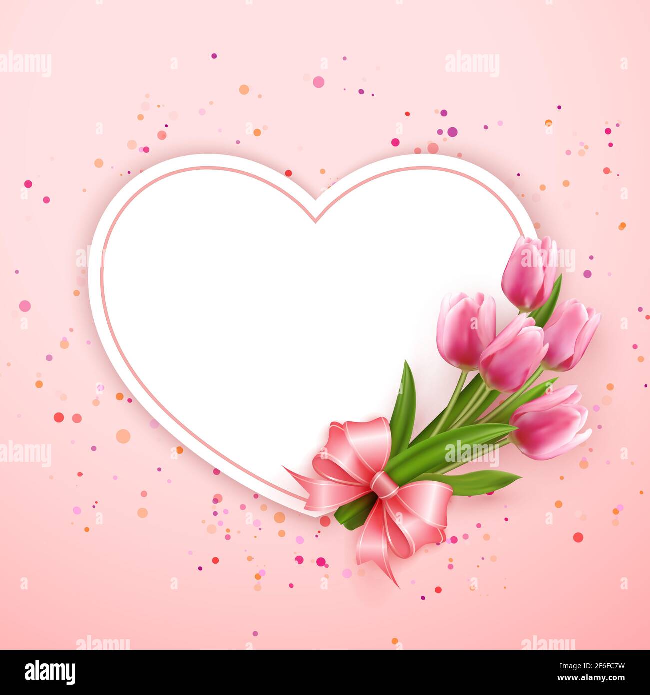 Heart shape card banner pink elegant tulip flower and cute ribbon Stock ...
