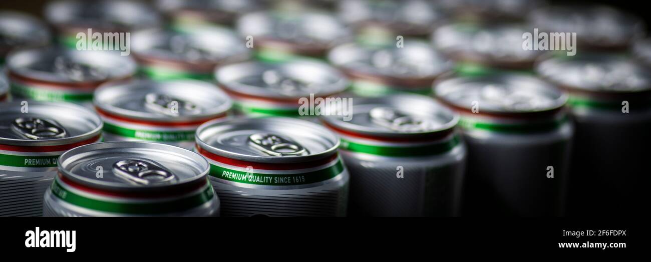 Closeup aluminum drink can on the background, side view. Beer can or ...