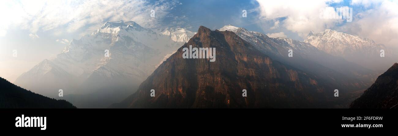 Morning panoramic view of Annapurna 2 II, Annapurna 3 III, Annapurna 4 ...